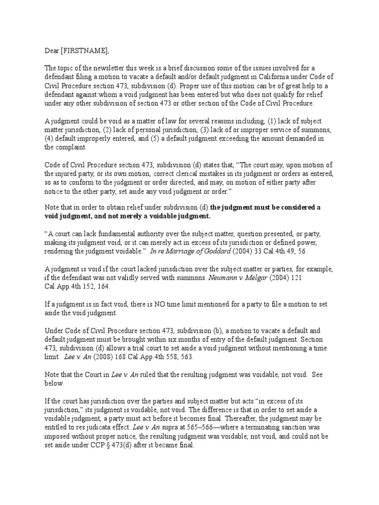 Vacating a Void Judgment in California | Default Judgment | Lawsuit