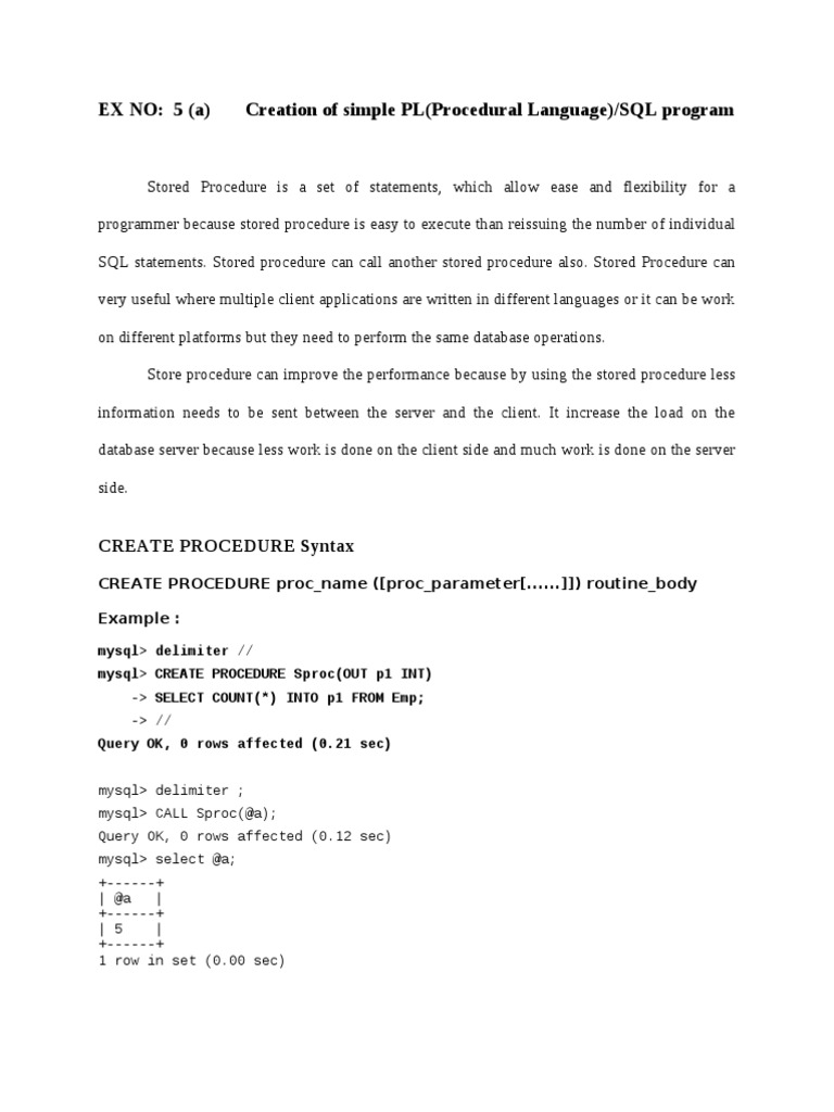 EX NO: 5 (A) Creation of Simple PL (Procedural Language) /SQL Program | PDF | Subroutine ...