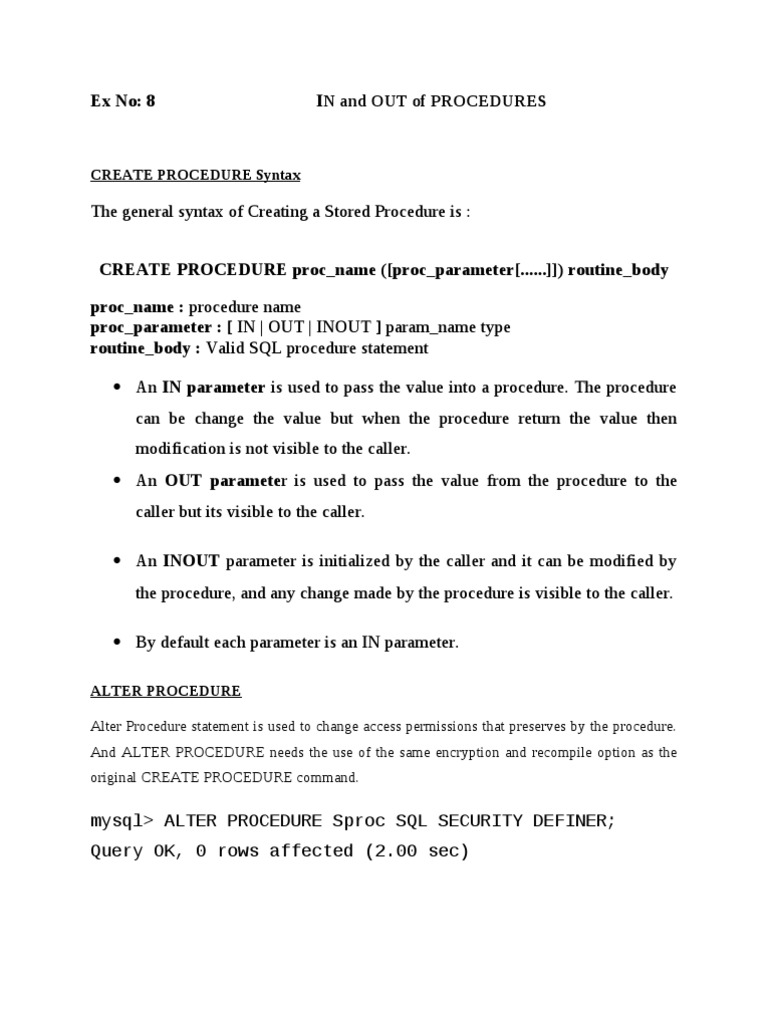 Ex No: 8 I: Create Procedure Syntax | PDF | Parameter (Computer ...
