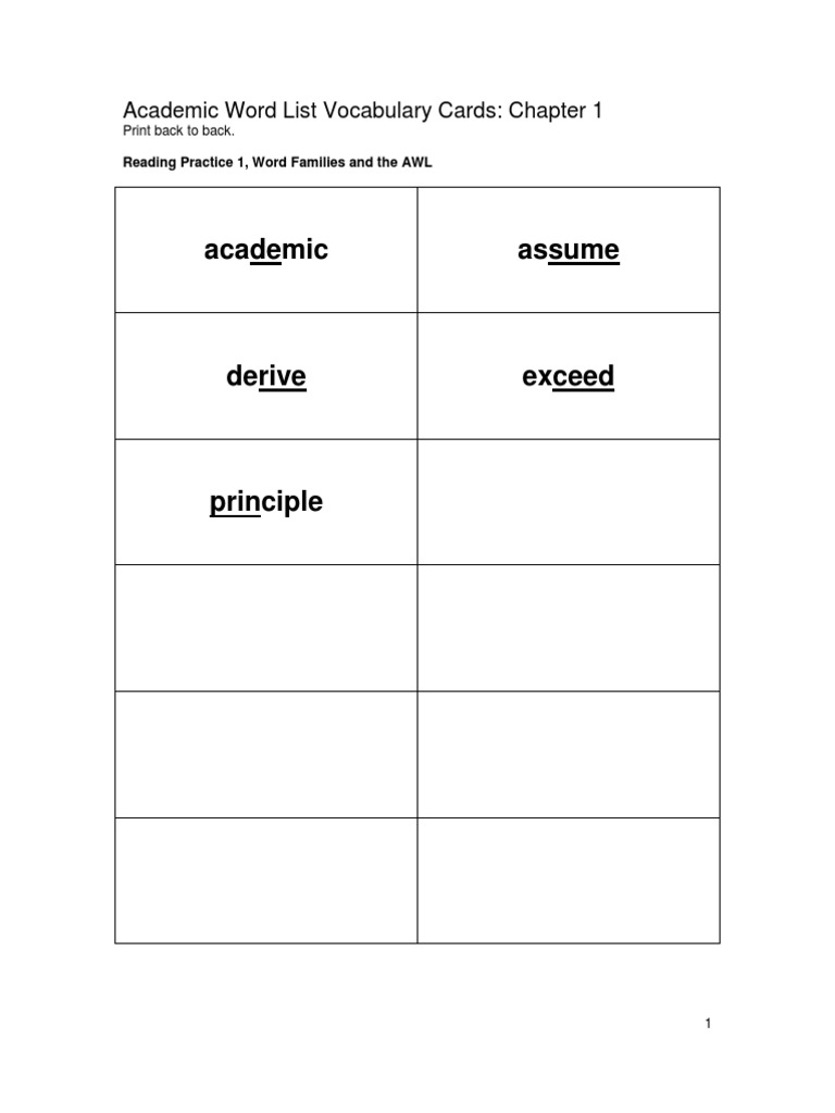 Academic Vocabulary Cards: AWL Practice | PDF | Statistics | Test ...