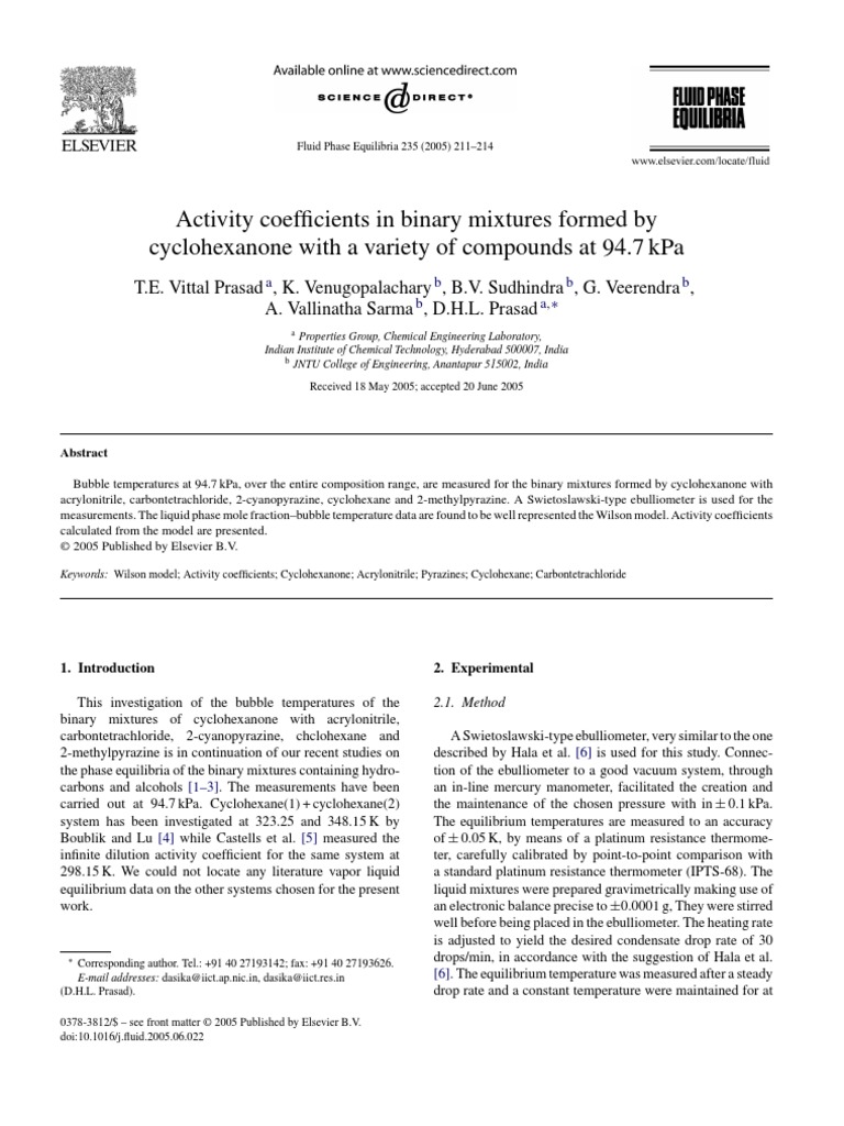 Activity Coefficients in Binary Mixtures Formed by Cyclohexanone With A ...
