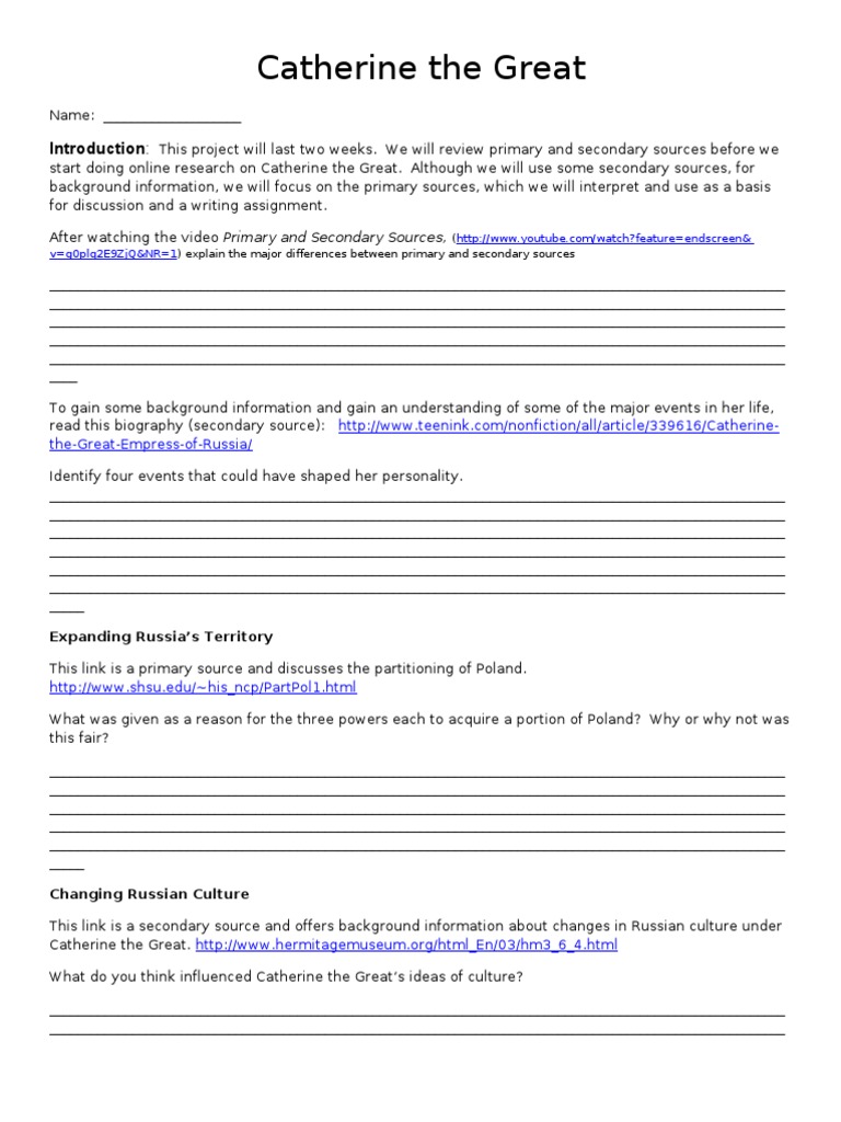 Catherine Worksheet | PDF | Primary Sources | Paragraph