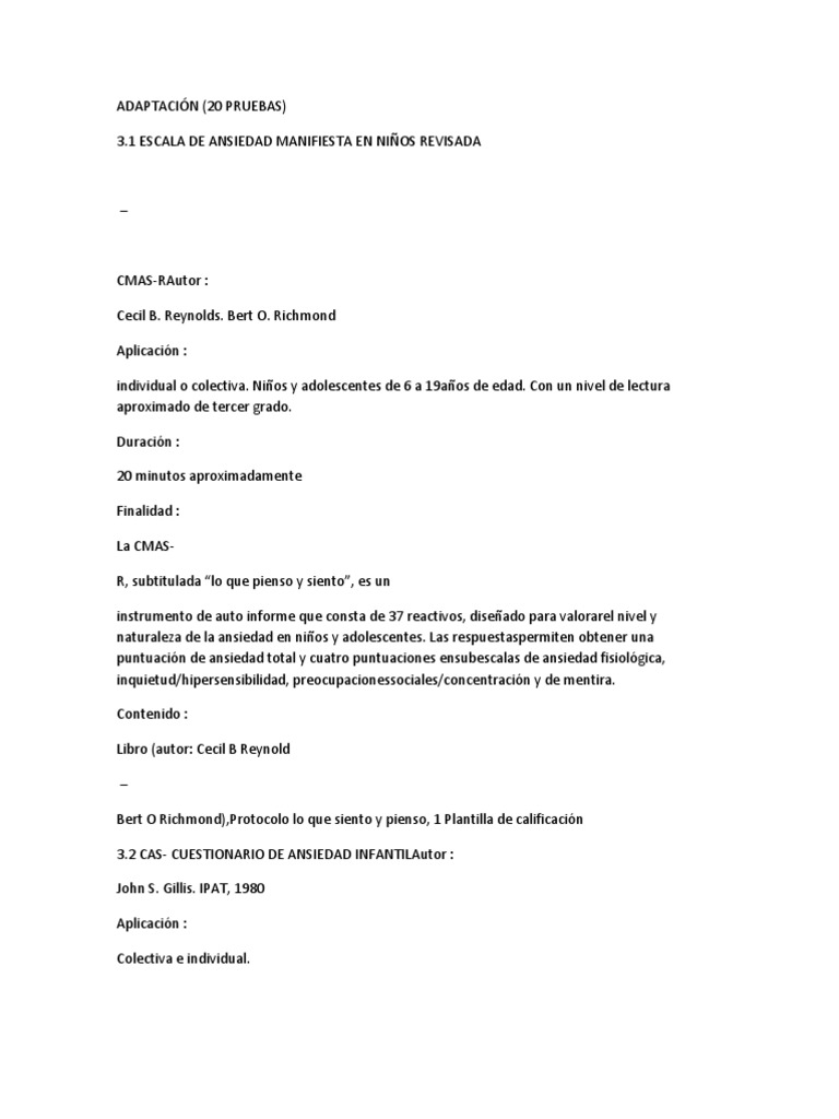 Pruebas de Adaptación Infantil y Adolescente | PDF | Ansiedad ...