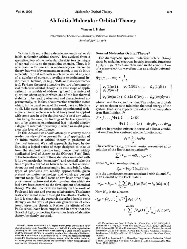 Hehre, W. J. Ab Initio Molecular Orbital Theory. Acc. Chem. Res. | PDF | Hartree–Fock Method ...