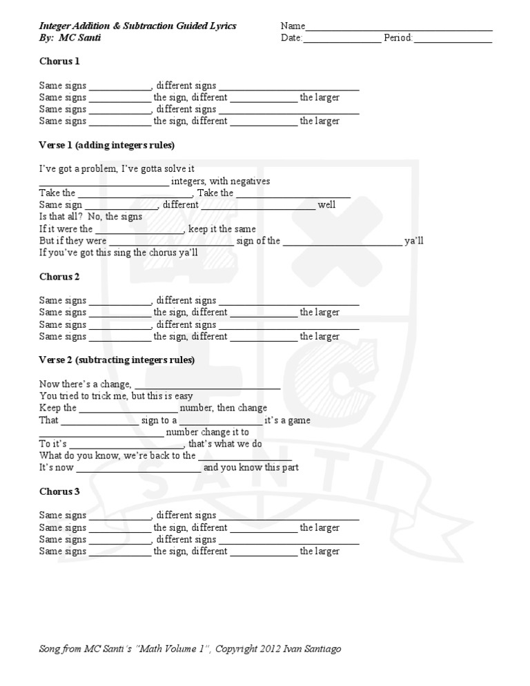 Integer Addition & Subtraction Song | PDF | Musical Forms | Vocal Music