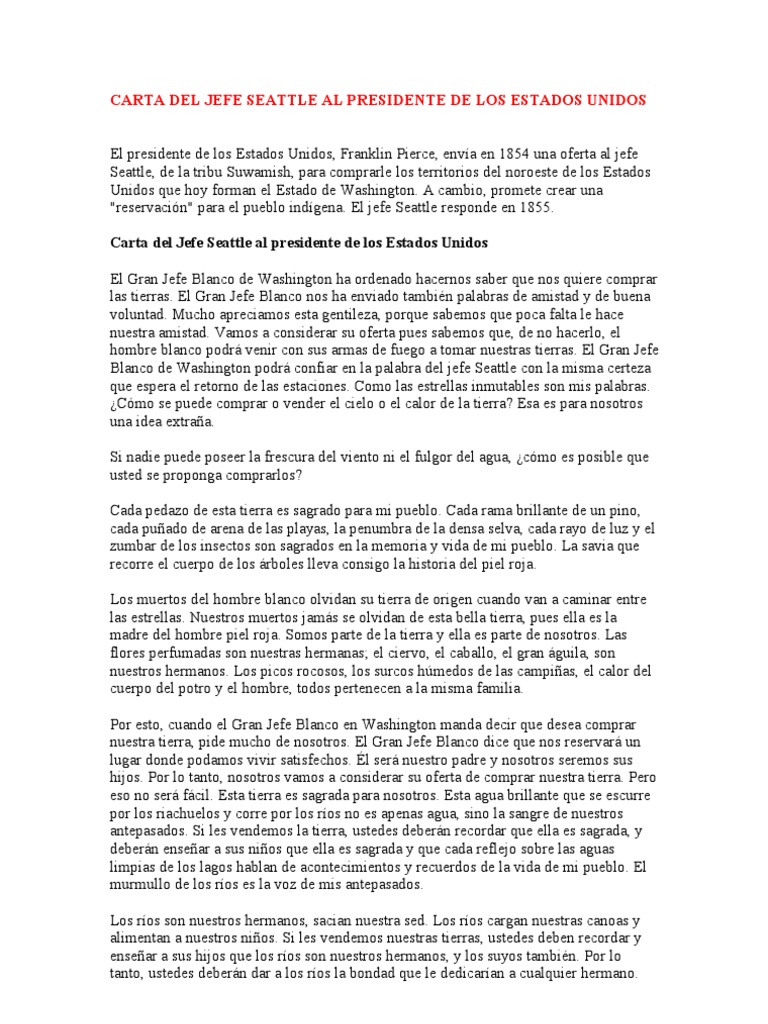 Carta Del Jefe Seattle Al Presidente de Los Estados Unidos | PDF