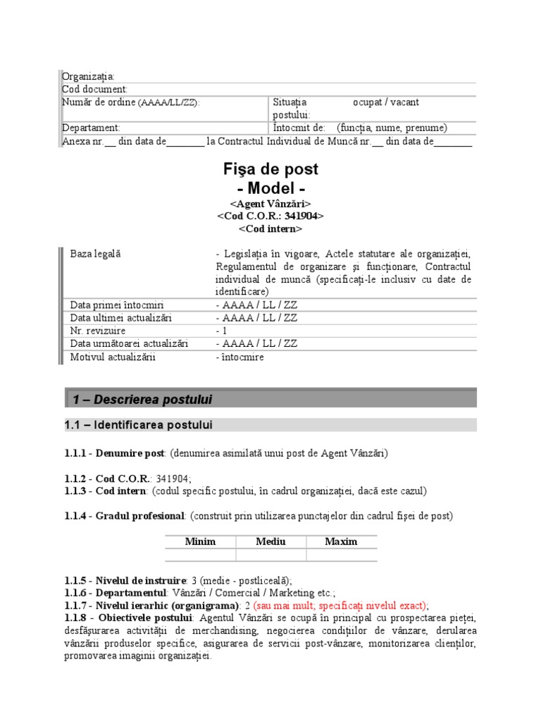 Model Fisa Post Agent Vanzari | PDF
