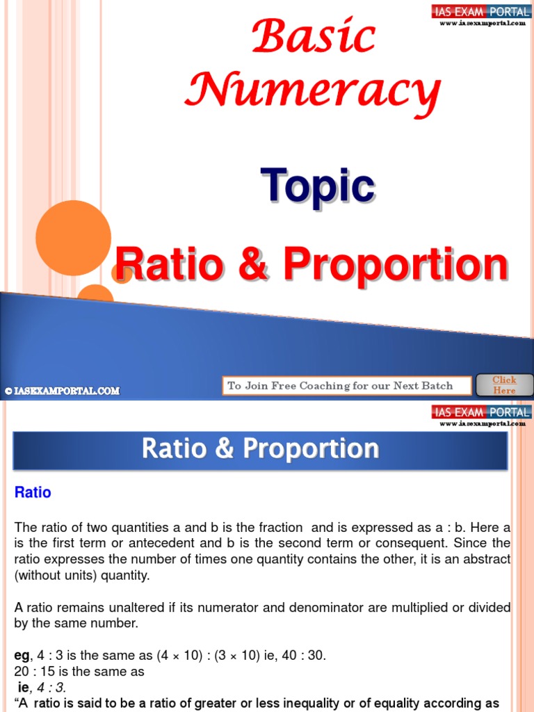 Basic Numeracy Ratio Proportion | PDF | Ratio | Fraction (Mathematics)