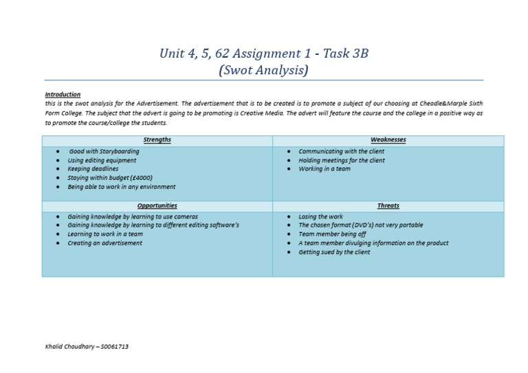 Unit 4, 5, 62 Assignment 1 - Task 3B (Swot Analysis) | PDF