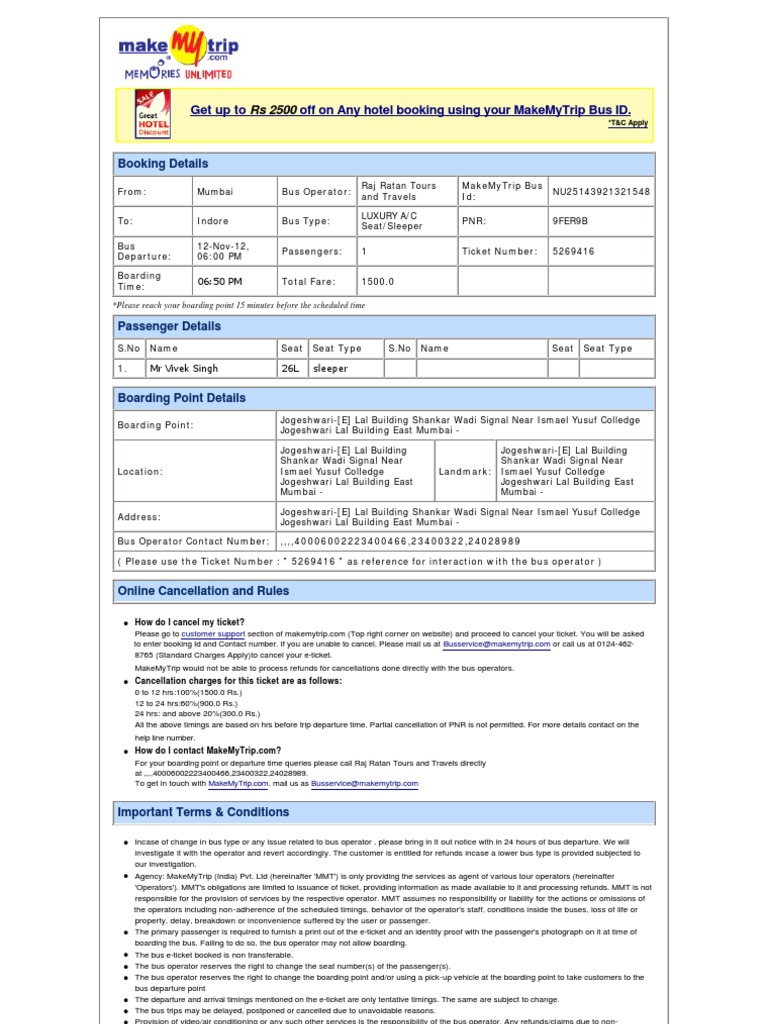 Bus Ticket Booking Details from Mumbai to Indore with Important Terms ...