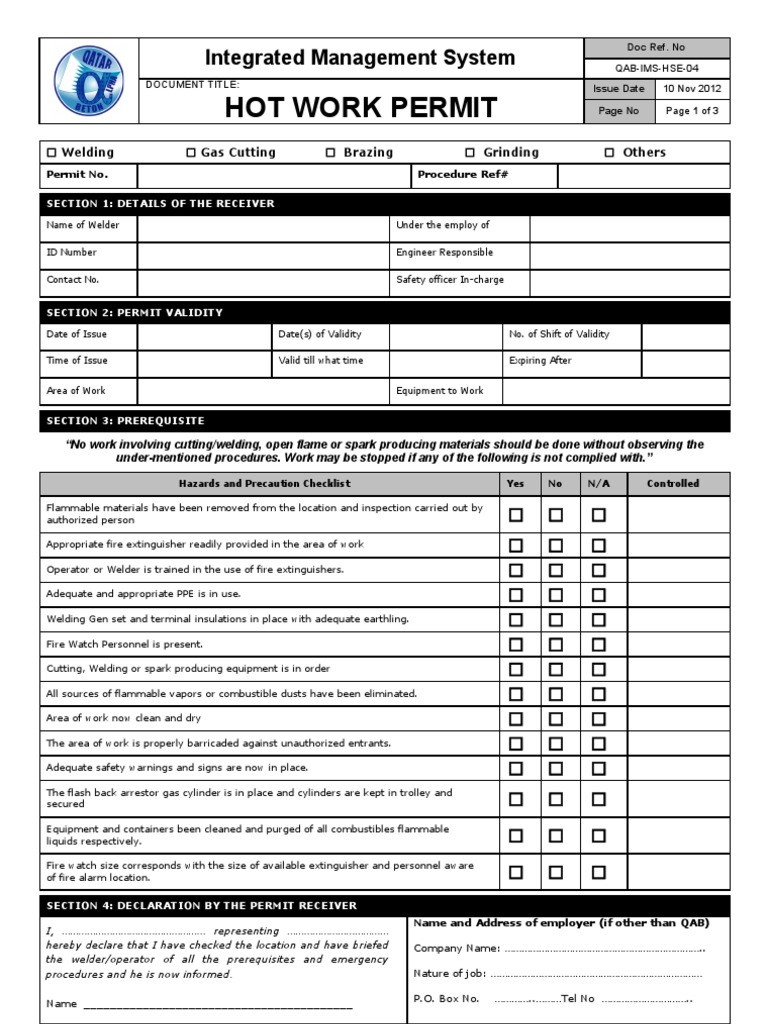 HSE-04 - Hot Work Permit | PDF | Flammability | Welding