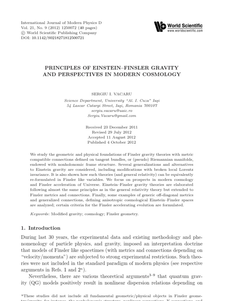 Einstein-Finsler Gravity in Cosmology | PDF | Gravity | General Relativity