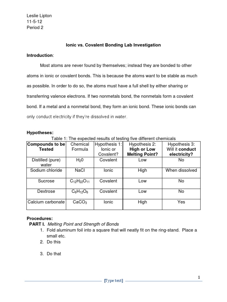 Ionic vs. Covalent Bonding Lab Investigation: PART I. Melting Point and Strength of Bonds ...