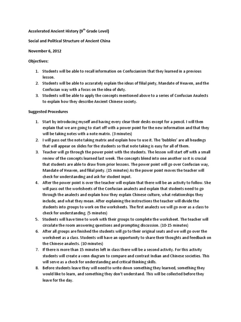 Ancient China Lesson Plan | PDF | Confucianism | Educational Psychology