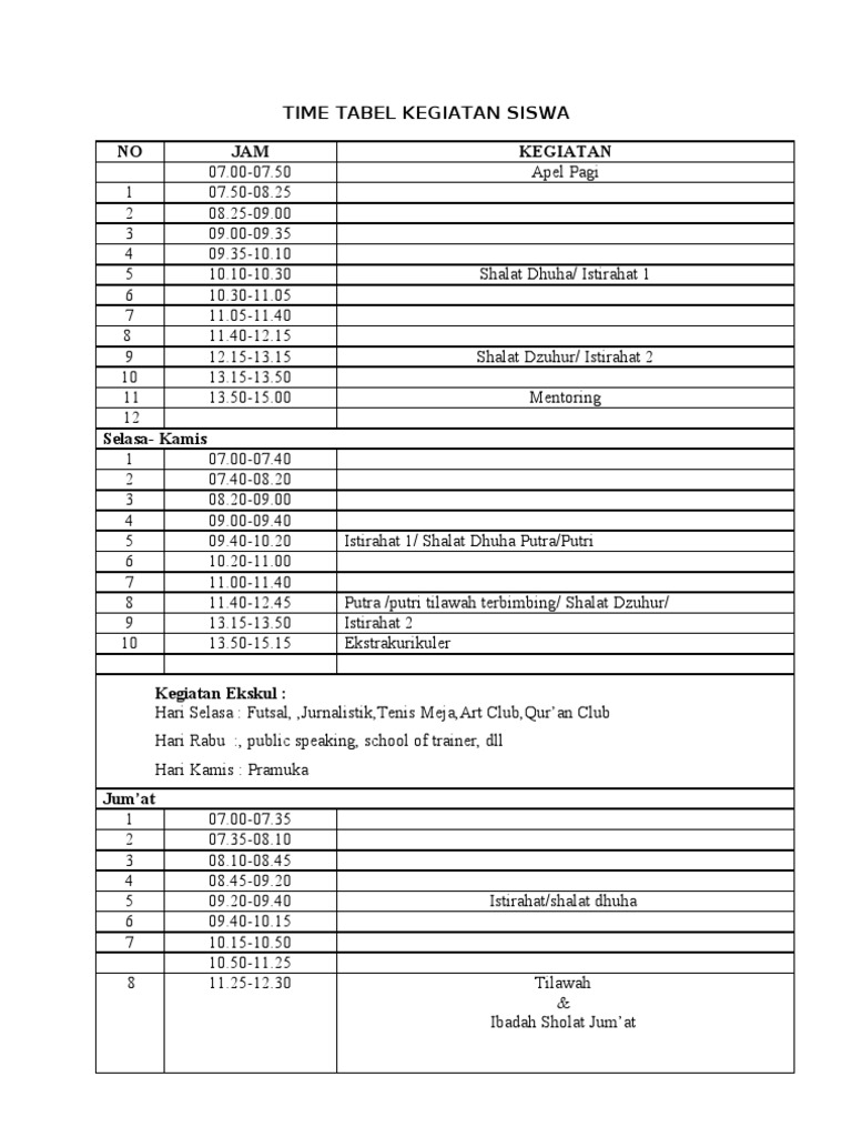 Time Tabel Kegiatan Siswa | PDF