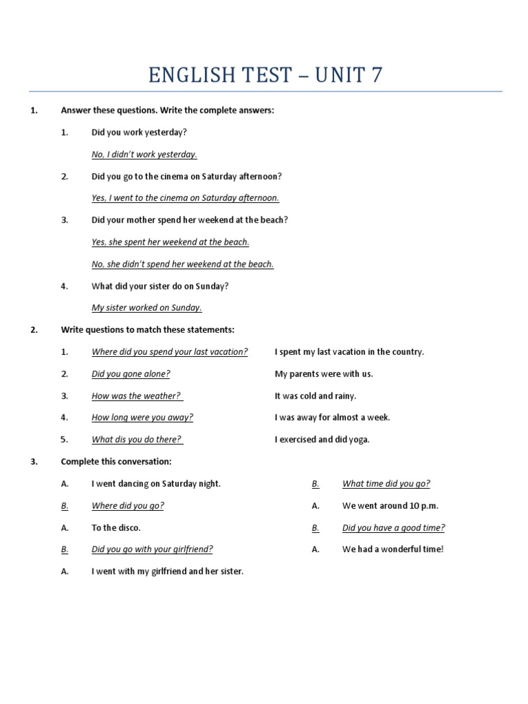 English Test - Unit 7 | PDF
