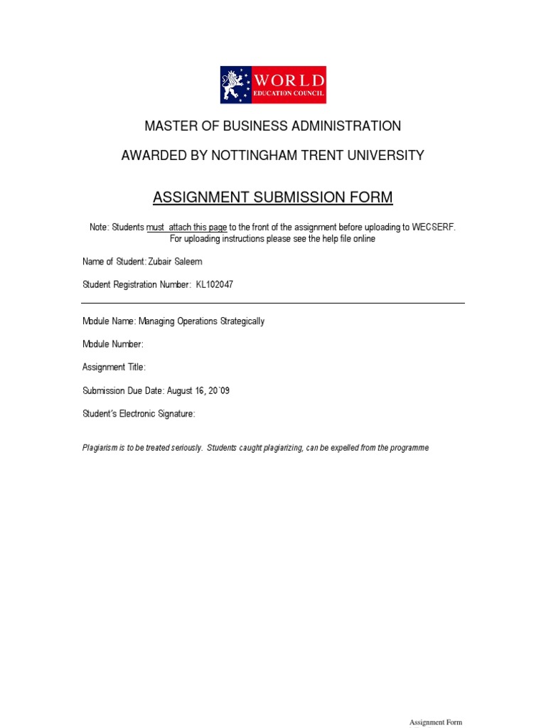 Assignment Submission Form: Master of Business Administration Awarded ...