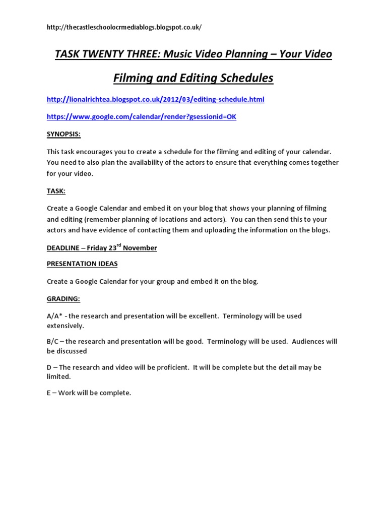 TASK TWENTY THREE - Filming and Editing Schedule | PDF