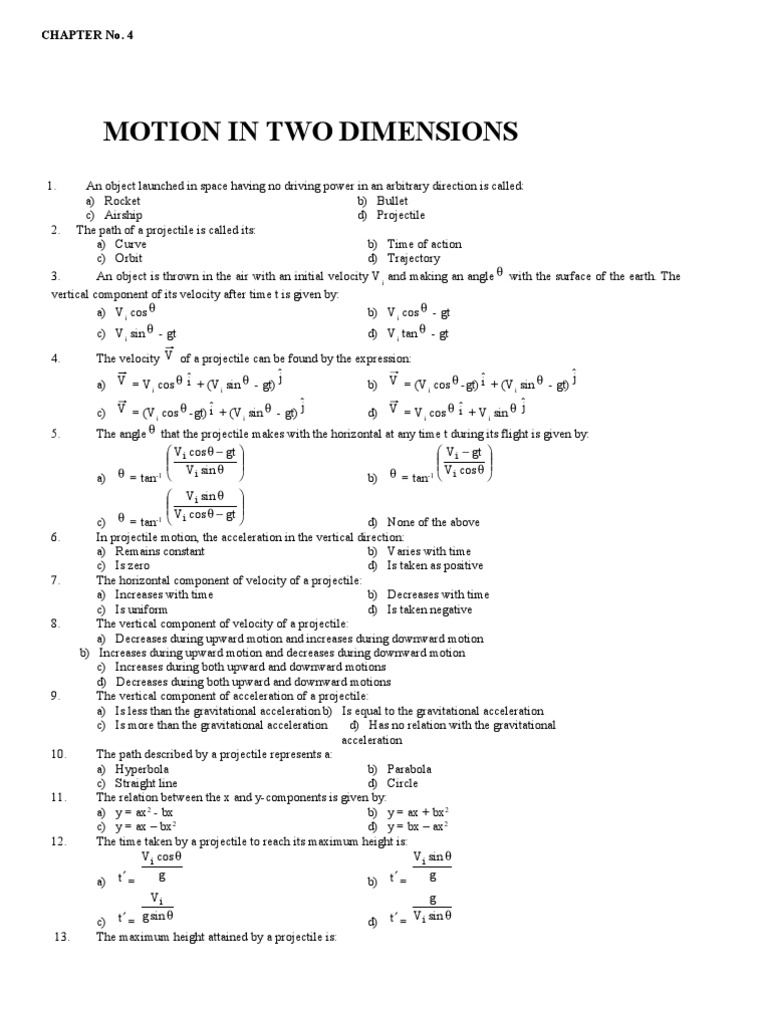 Projectile Motion MCQs for Class 11 | PDF | Acceleration | Rotation ...