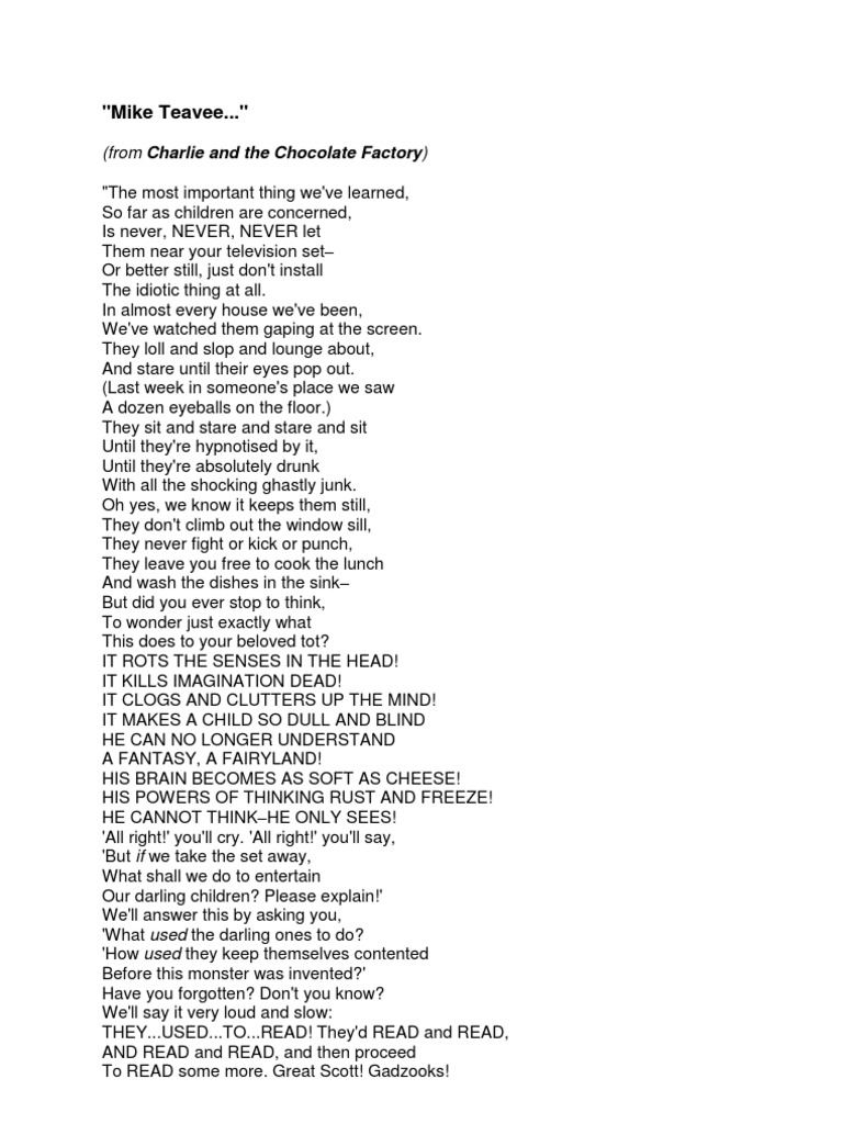 "Mike Teavee... ": (From Charlie and The Chocolate Factory) | PDF ...