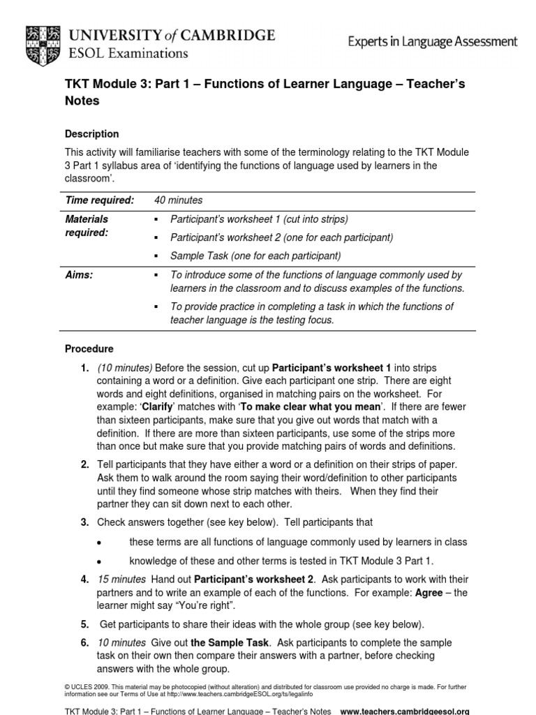 TKT Module 3 Part 1 Functions of Learner Language | PDF | English As A ...