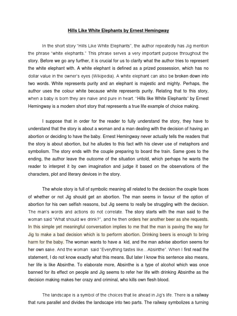 Symbolism in Hemingway's "Hills Like White Elephants" | PDF | Ernest ...