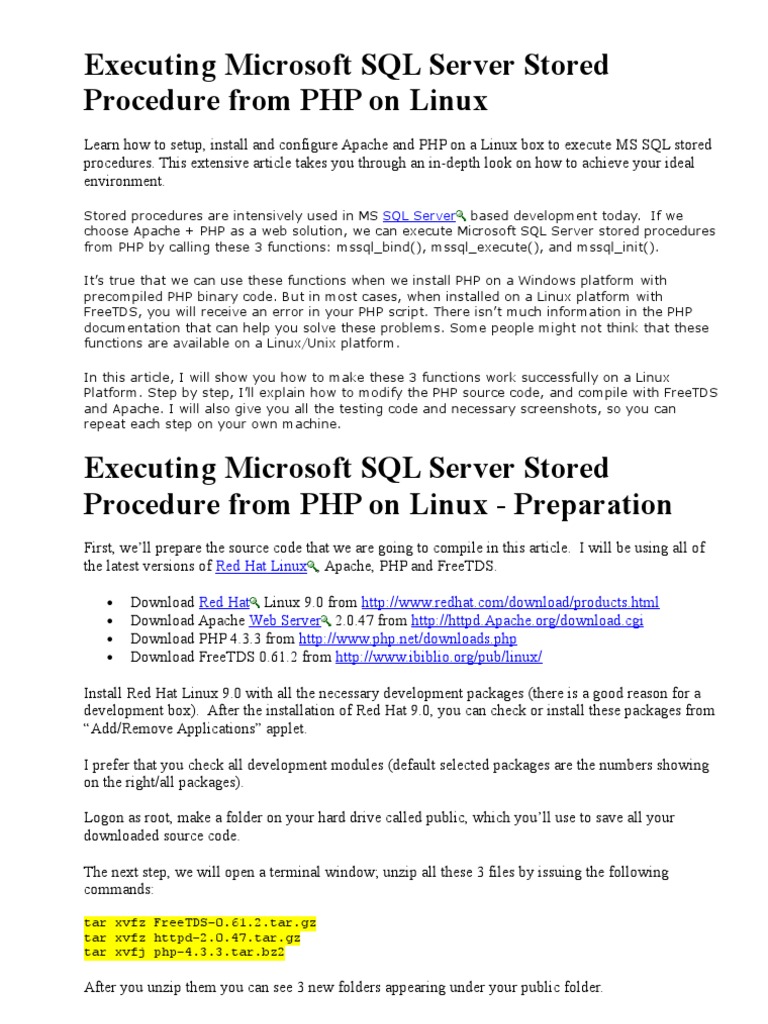 Executing Microsoft Sql Server Stored Procedure From Php On Linux Pdf Php Microsoft Sql Server