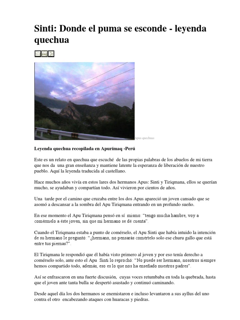 Leyenda Quechua de los Apus Sinti y Tiriqmana | PDF