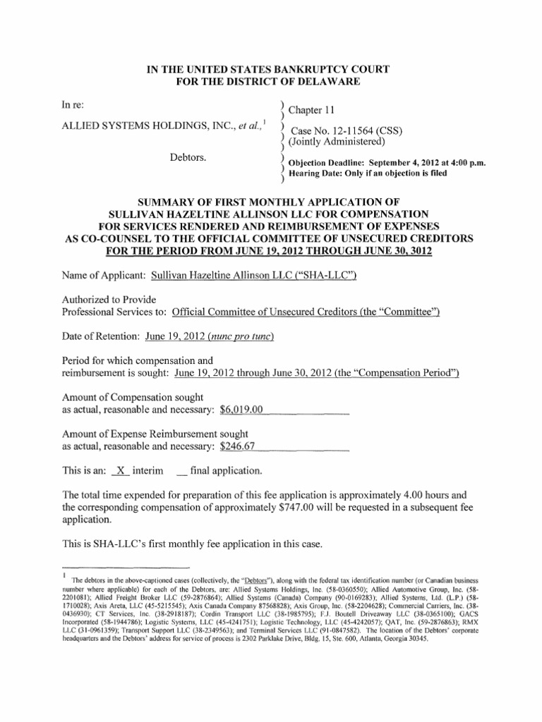 Monthly Fee Application for SHA-LLC | PDF | Chapter 11 | Bankruptcy