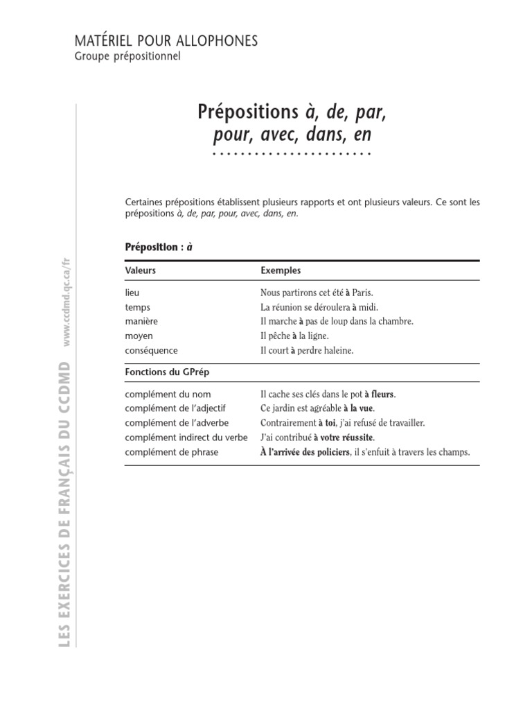 Prepositions A de Par Pour Avec Dans en | PDF | Langues