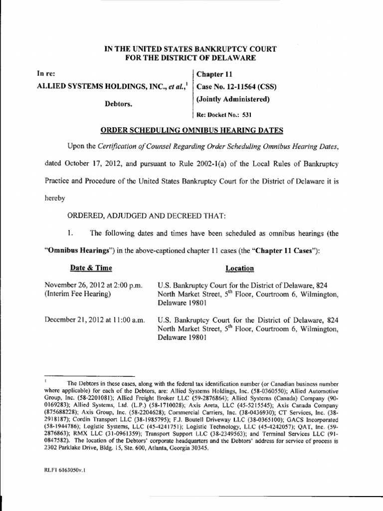 Et Al./ Case No. 12-11564 (CSS) : Certification of Counsel Regarding Order Scheduling Omnibus ...