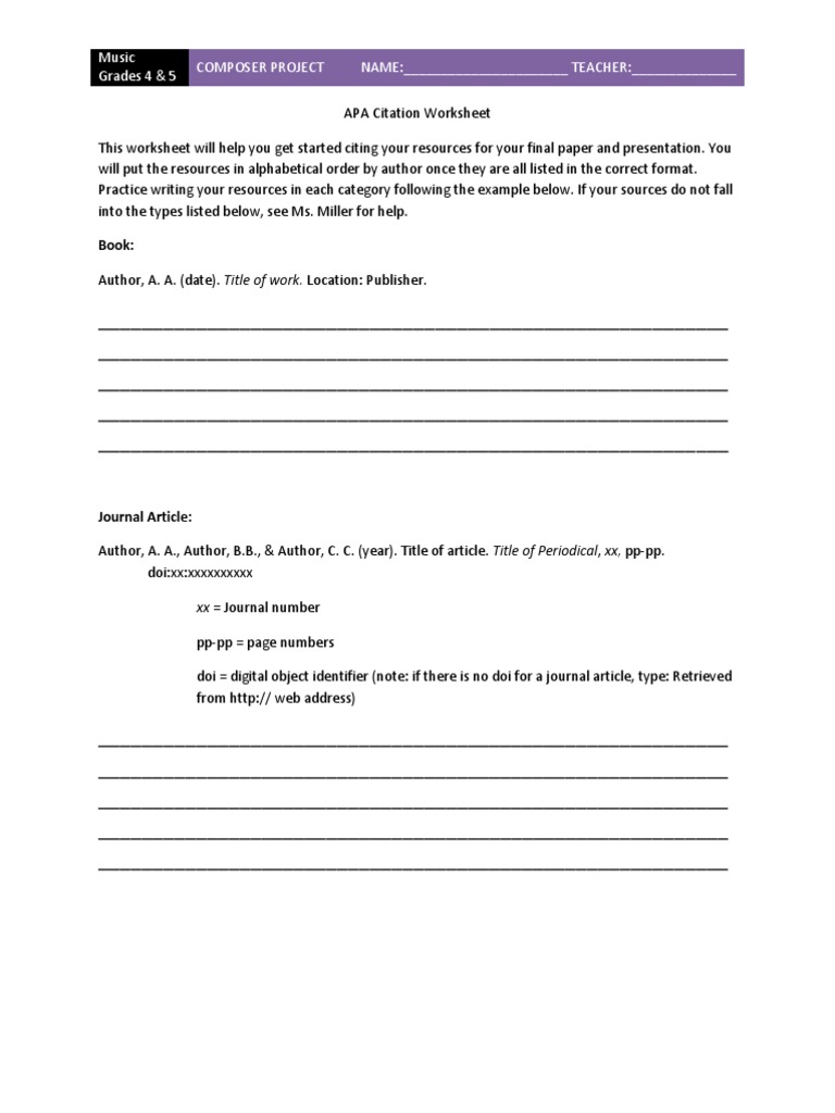 APA Citation Worksheet | PDF