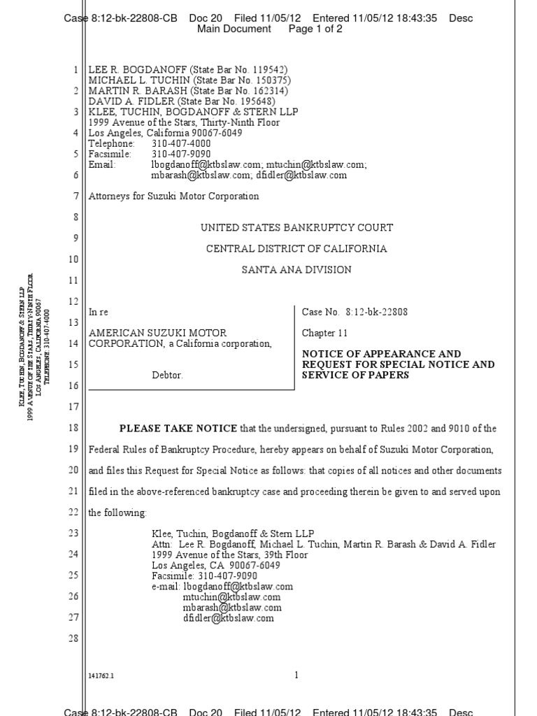 Notice of Appearance and Request For Special Notice and Service of ...