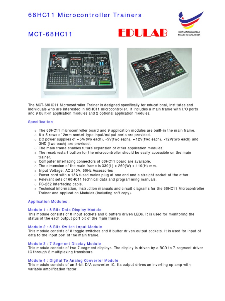 68HC11 Microcontroller Trainers MCT-68HC11 | PDF | Amplifier ...