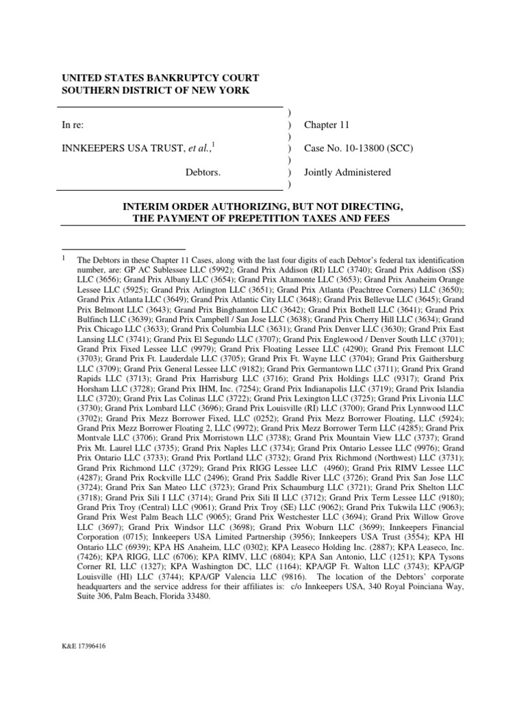 ) in Re:) ) Innkeepers Usa Trust, Et Al.,) Case No. 10-13800 (SCC ...