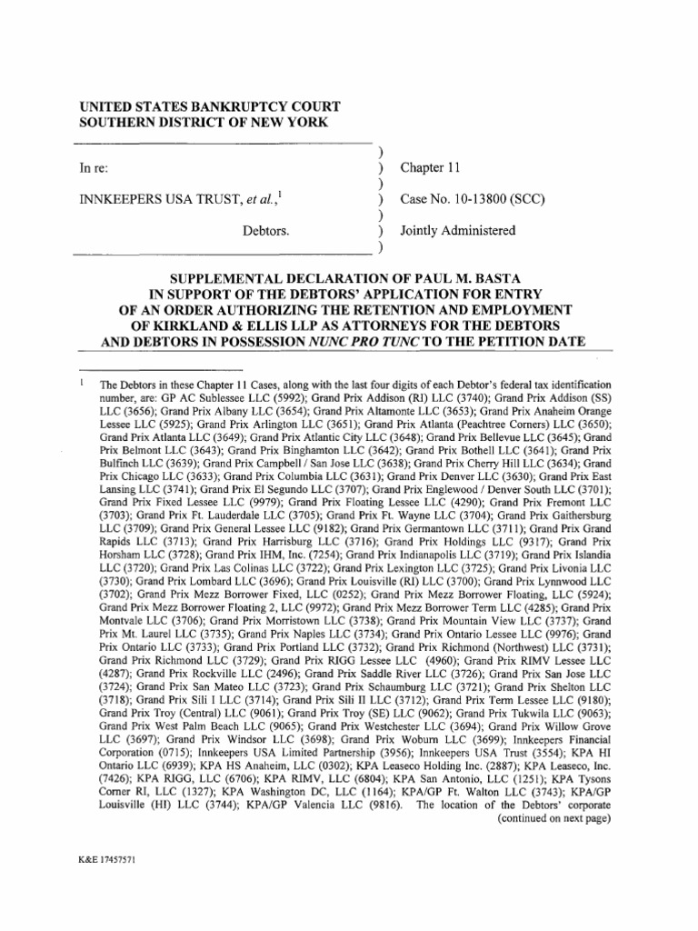 Re: Innkeepers Usa Trust, Debtors.) ) Case No. 10-13800 (SCC) ) Jointly ...