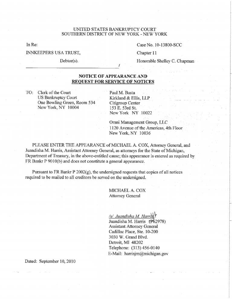 Notice of Appearance and Request For Service of Notices: Is/ Juandisha ...