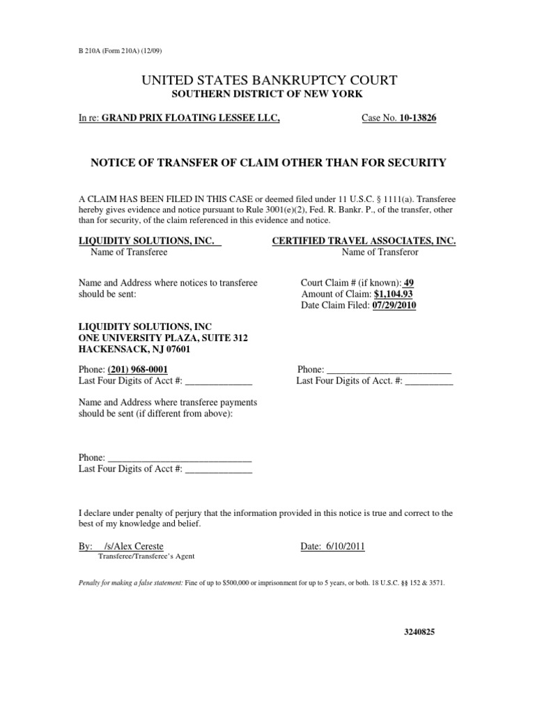 United States Bankruptcy Court: Notice of Transfer of Claim Other Than ...