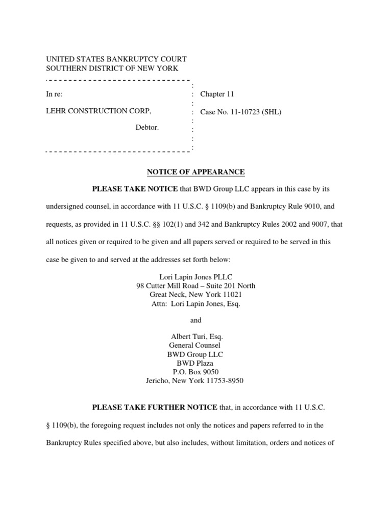 Notice of Appearance PLEASE TAKE NOTICE That BWD Group LLC Appears in ...