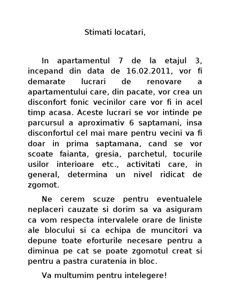 Anunt Locatari Renovare | PDF