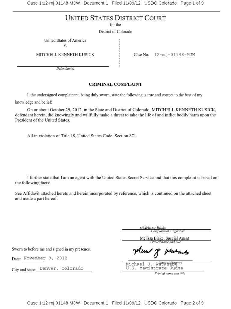 Mitchell Kusick Criminal Complaint | PDF