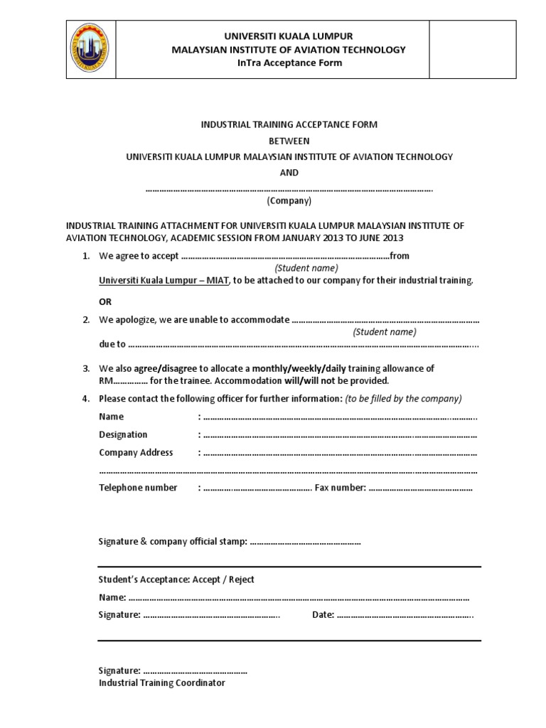 Industrial Training Acceptance Form | PDF