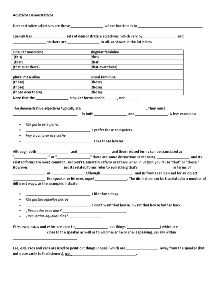 Spanish Demonstrative Adjectives Guide | PDF | Grammatical Gender ...