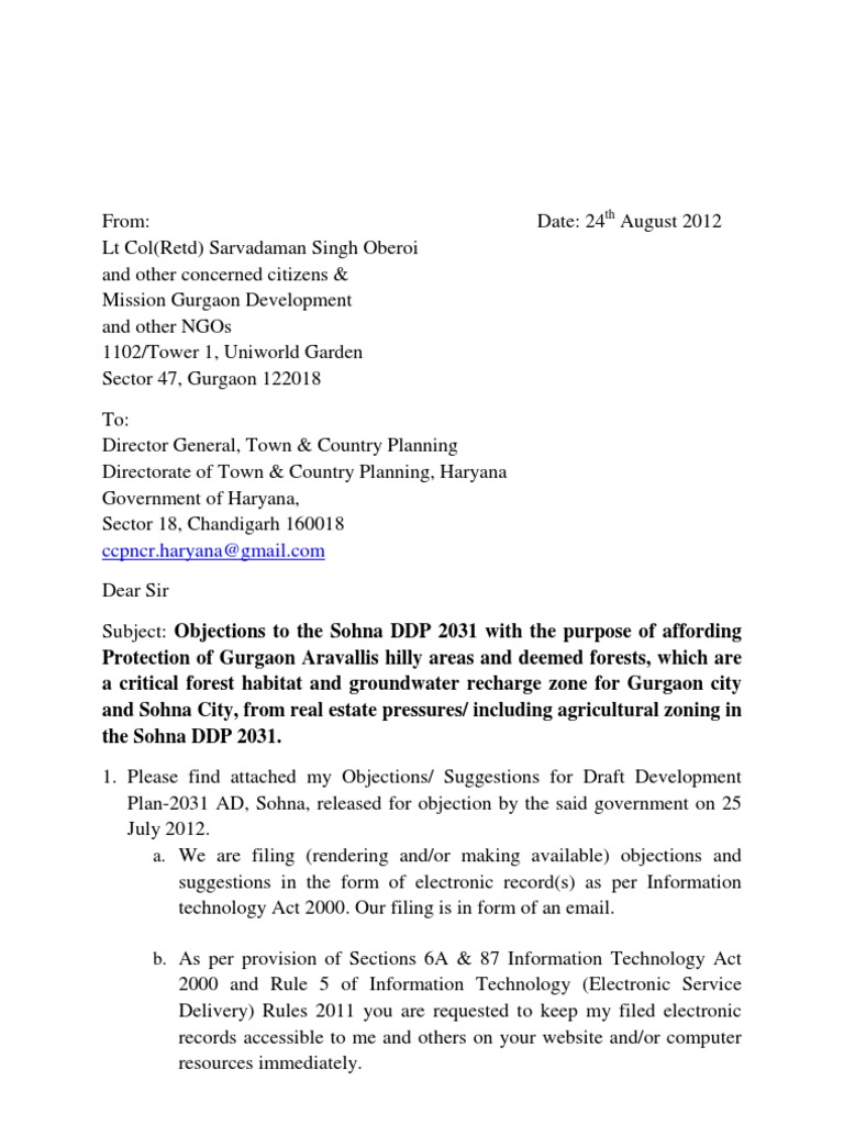 2012.08.24 Letter of Objection Sohna DDP 2031 | PDF | Water Resources ...