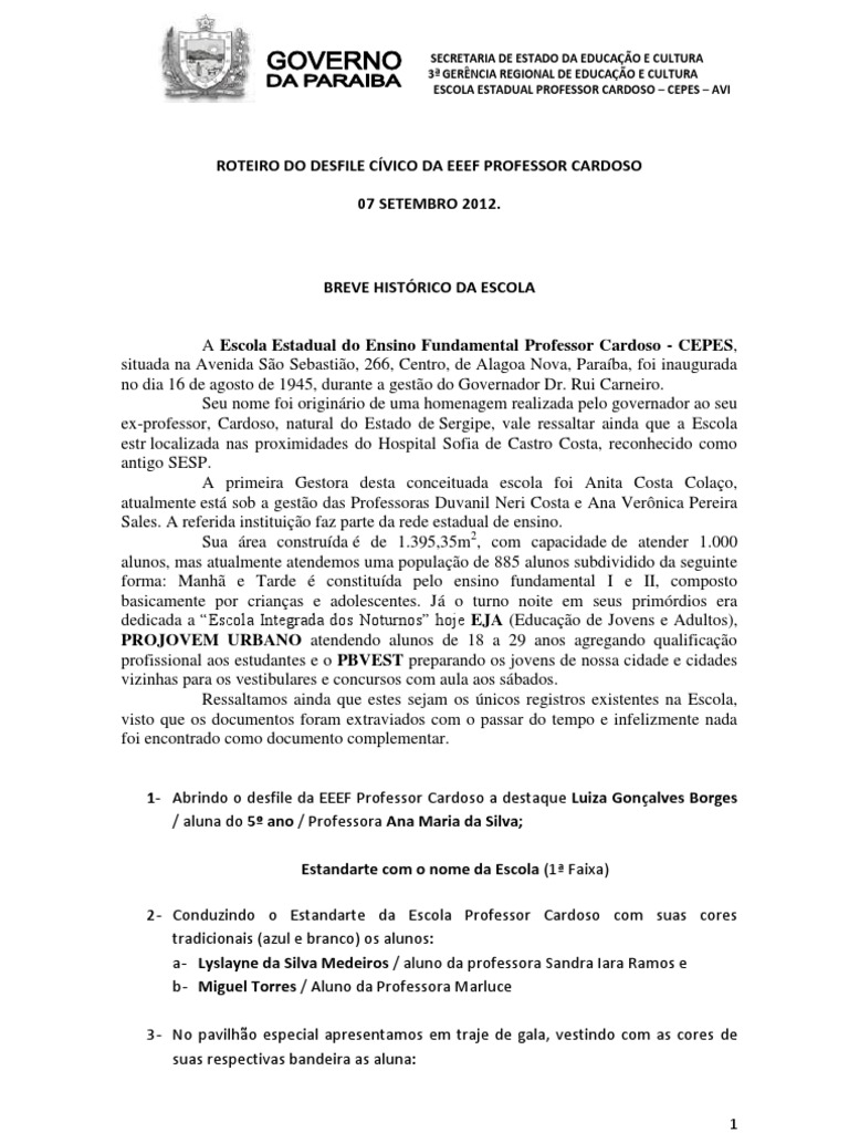 Roteiro do Desfile Cívico 2012 - EEEF Cardoso | PDF | Escolas | Entretenimento (geral)