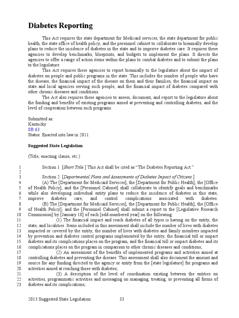 Diabetes Reporting -- 2013 SSL Draft, The Council of State Governments ...