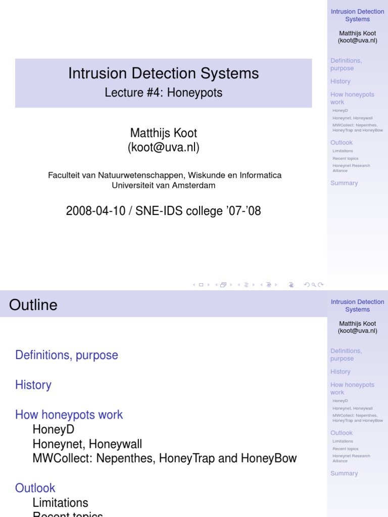 Intrusion Detection Systems Lecture 4 Honeypots Pdf Computer Security Security