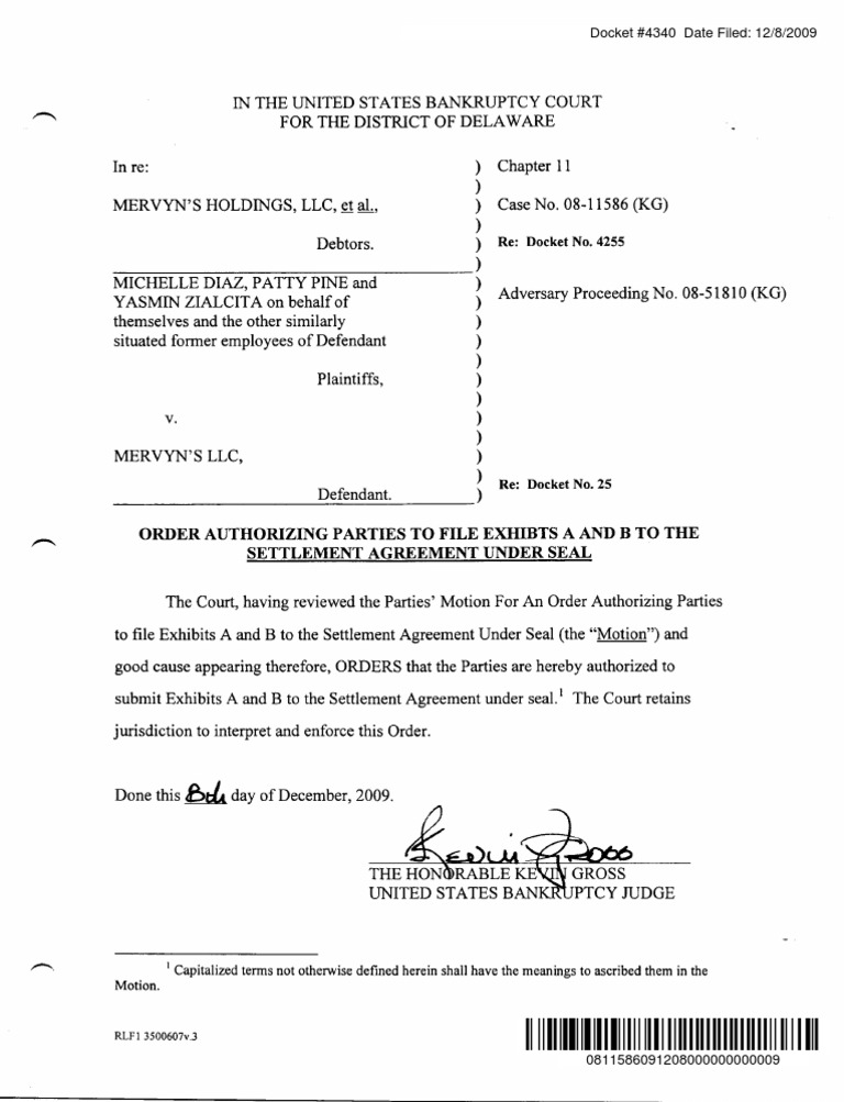 Mervyn's Bankruptcy Settlement Sealing Order | PDF
