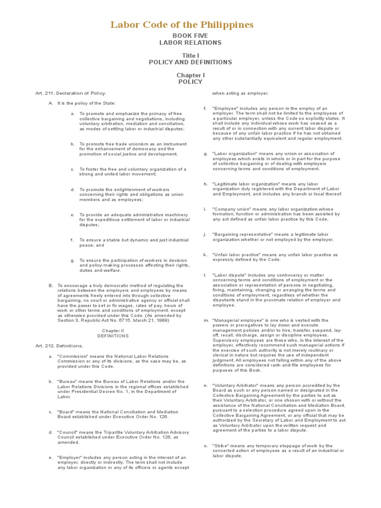 Labor Code of The Philippines: Book Five Labor Relations Title I Policy ...