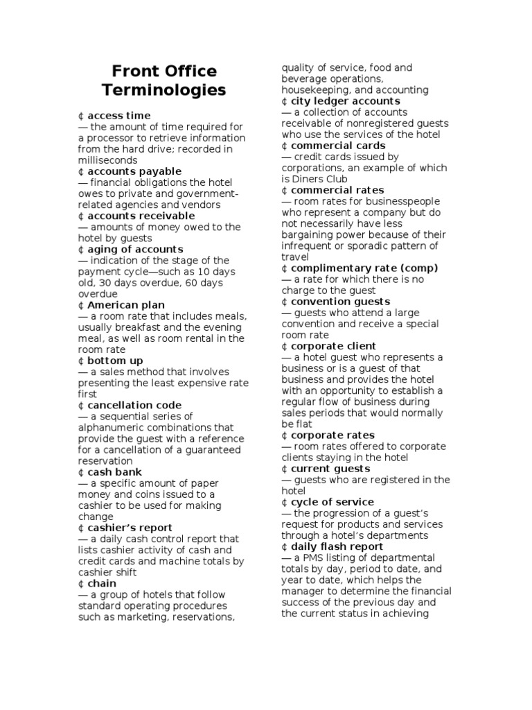 Front Office Terminologies | PDF | Euro | Debits And Credits